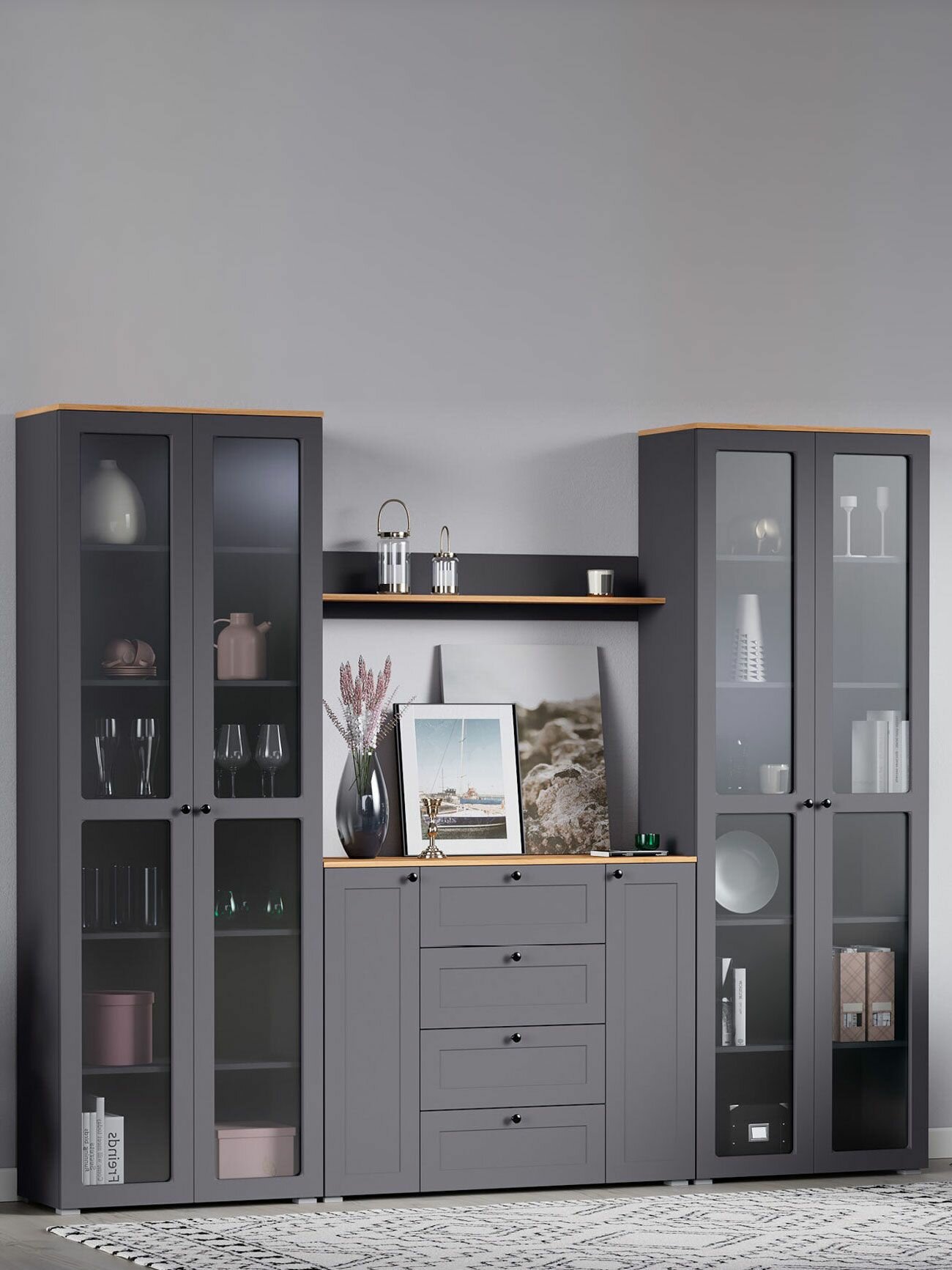 Гостиная комплект Остин, комод, настенная полка, шкаф-витрина, 280х41.9х229.8 см, Серый графит / Дуб Крафт золотой