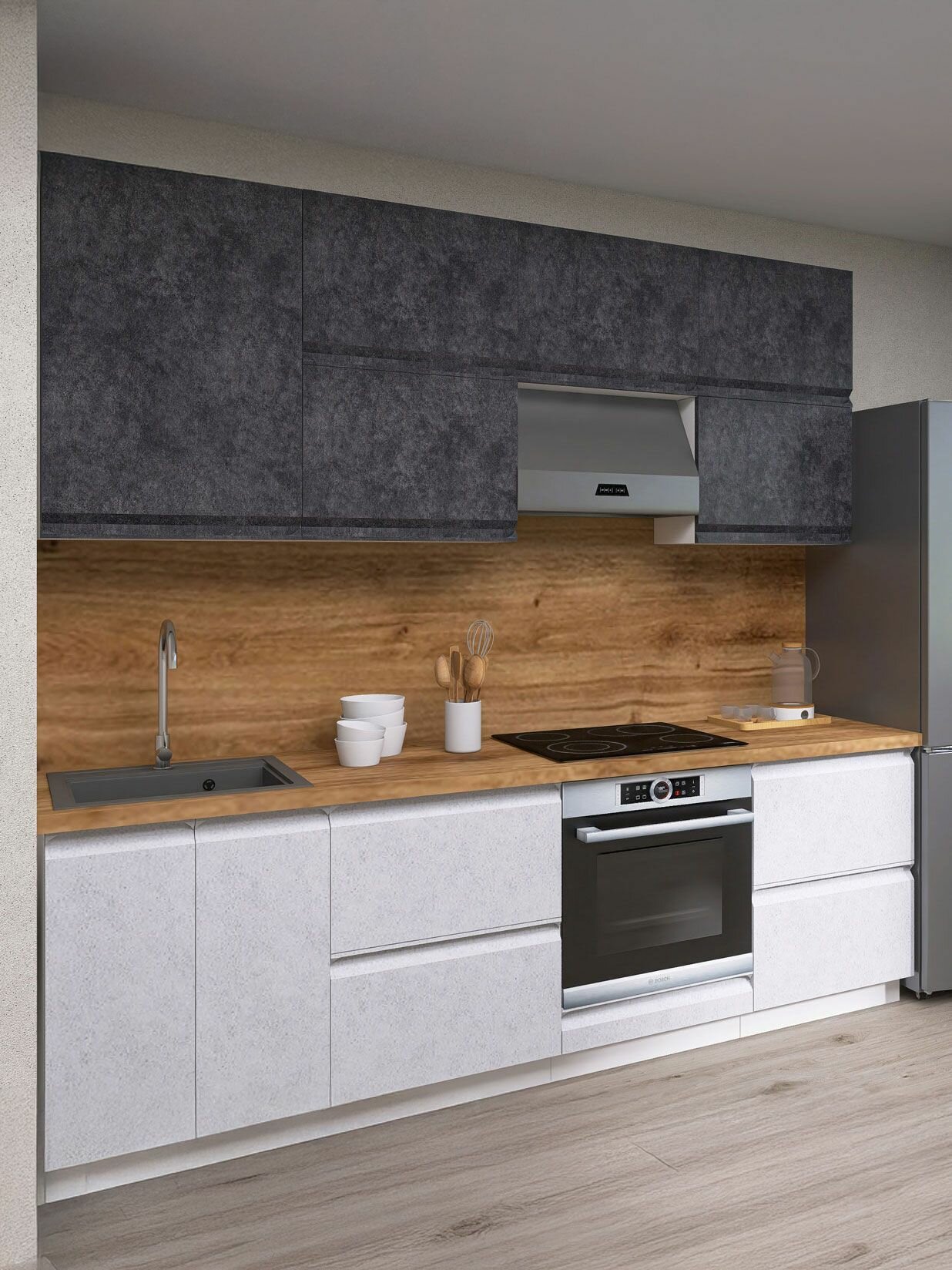 Кухонный гарнитур Велюр 2.4 м, мебель для дома и кухни, Белый / Бетон графит / Бетон снежный