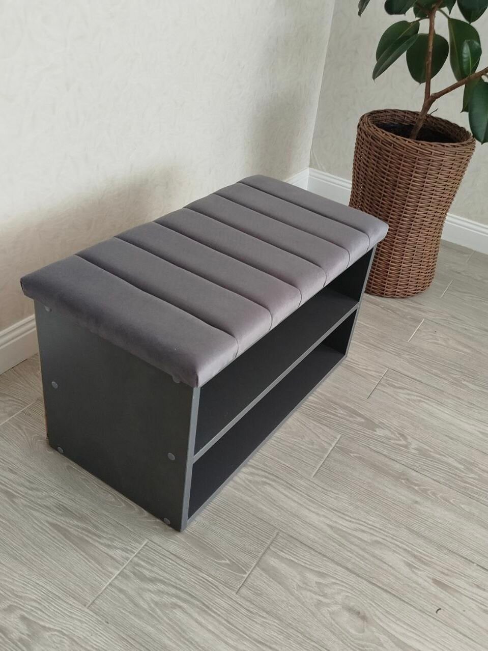 Обувница с мягким сиденьем и полками, ЛДСП серый графит, микровелюр, 70х36х40, серый