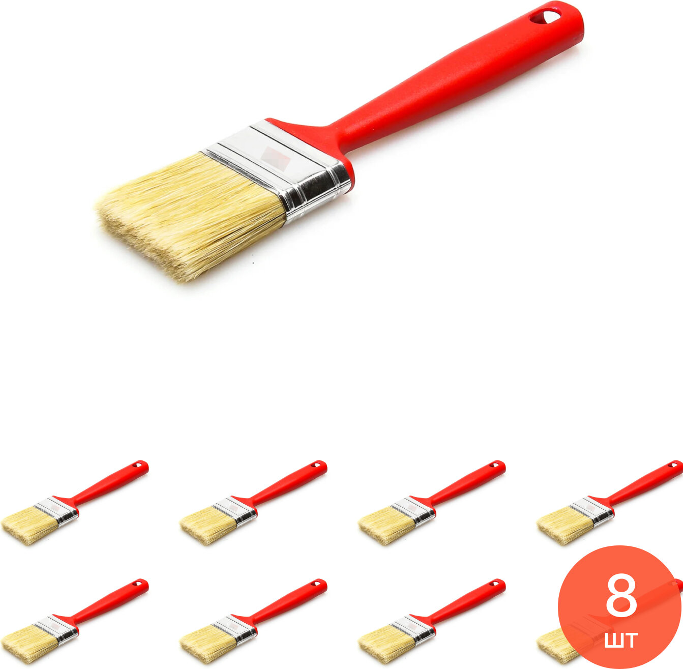 Кисть малярная флейцевая, с натуральной светлой щетиной и красной пластиковой ручкой, 25х12мм / малярные и отделочные инструменты (комплект из 8 шт)