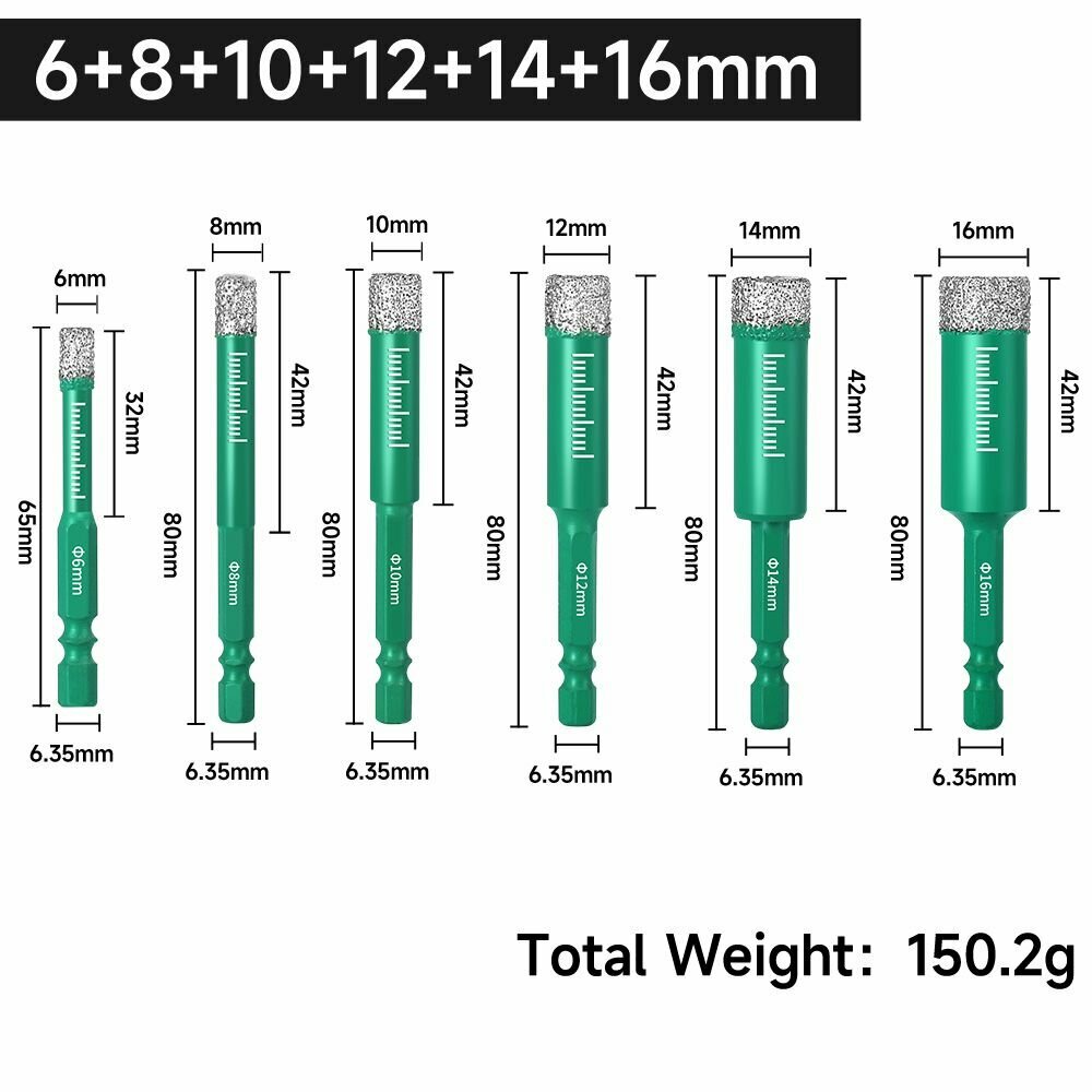 Алмазная коронка 6-8-10-12-14-16мм с охлаждающим воском и антикоррозийным покрытием для гранита, мрамора и керамики