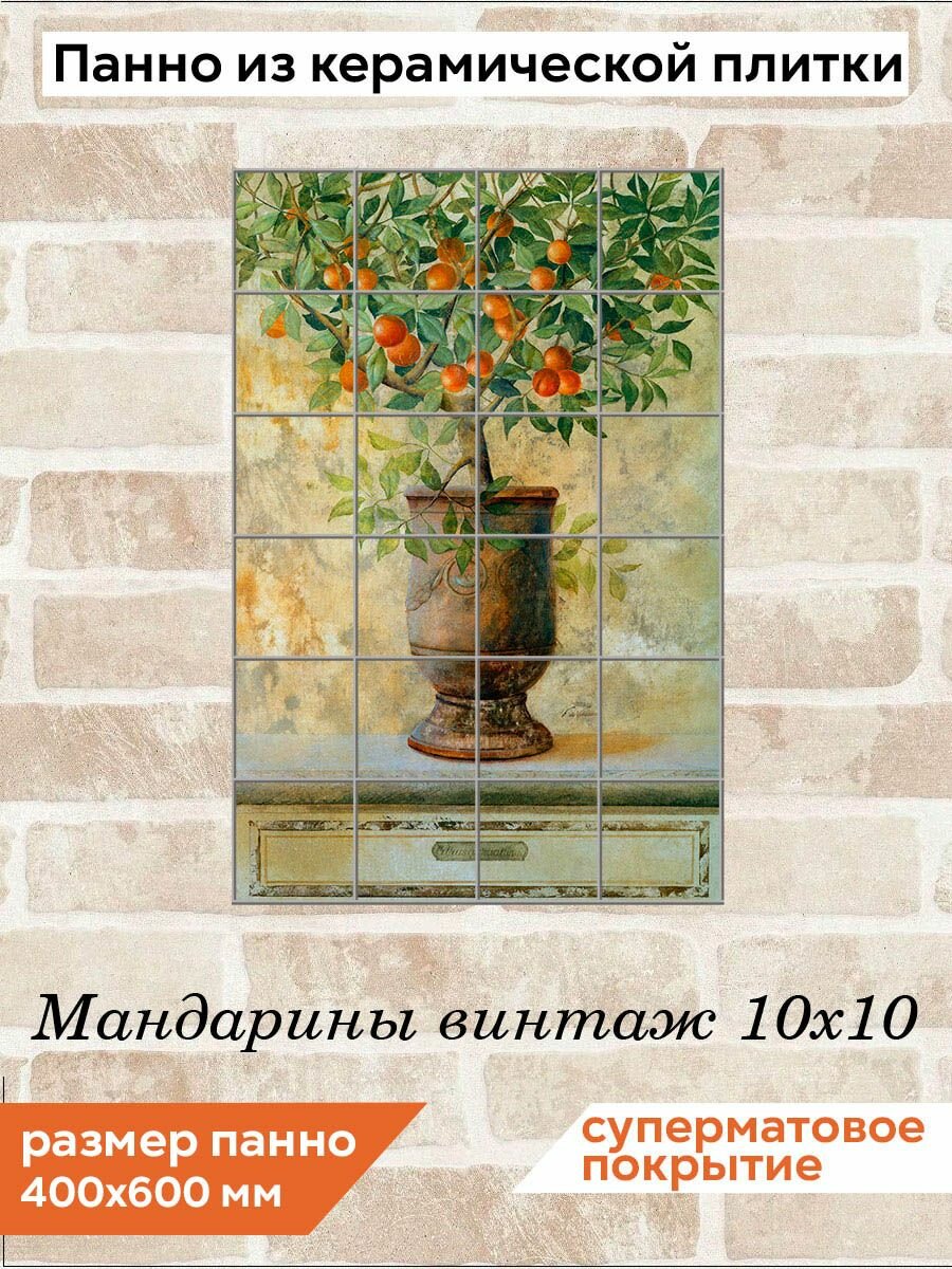 Панно из плитки Fres-co "Мандарины винтаж 10х10", керамическое, декоративное, суперматовое, 40х60 см