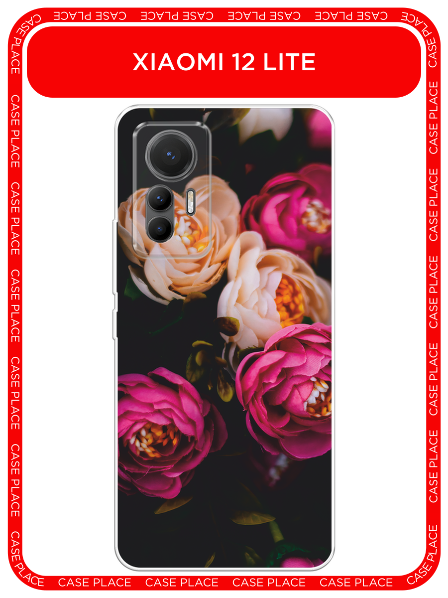 Чехол на Xiaomi 12 Lite / Сяоми 12 Лайт с принтом Розовые пионы на черном