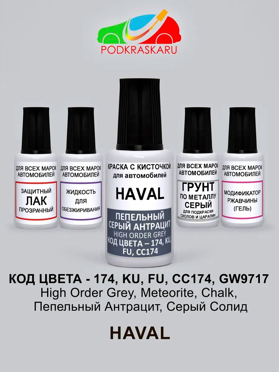 Автоэмаль HAVAL 174, KU, FU Пепельный серый солид, High Order Grey, ремкомплект 5 флаконов