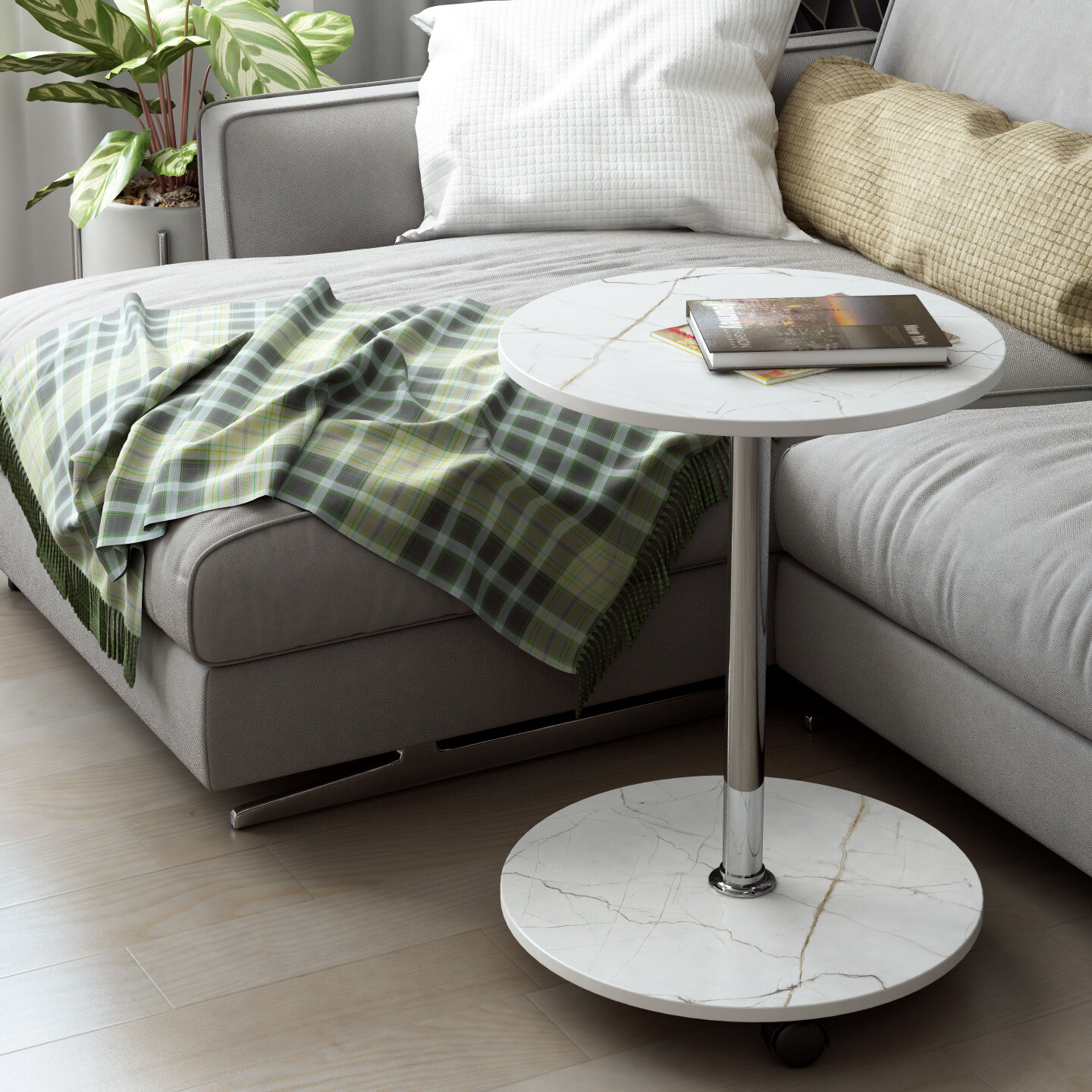 Приставной, журнальный столик на колесах Элегант. Белый мрамор