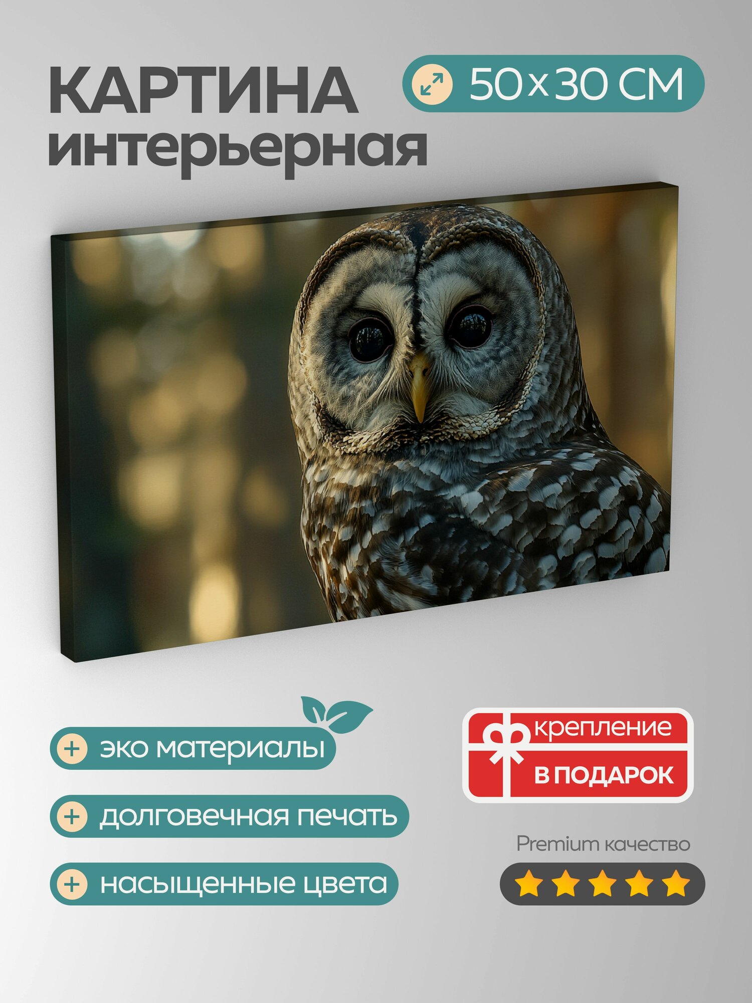 Картина на холсте интерьерная 50х30 см, сова, глаза, перья, телеобъектив, лес, масштаб, дальновидная, мудрая, четкость