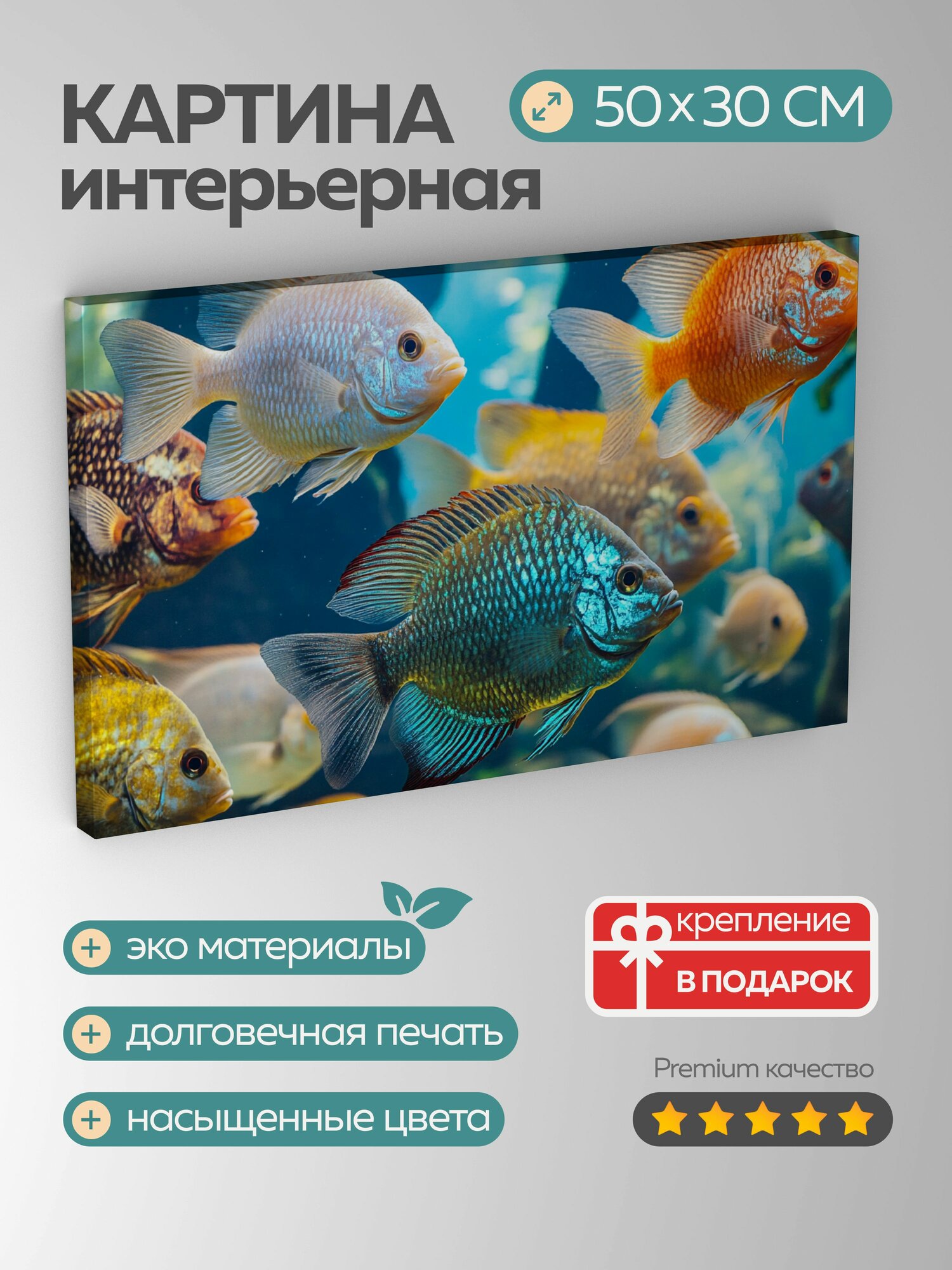 Картина на холсте интерьерная 50х30 см, аквариум, рыбы, экзотические, чешуя, радужная, свет, краски, грация, подводный