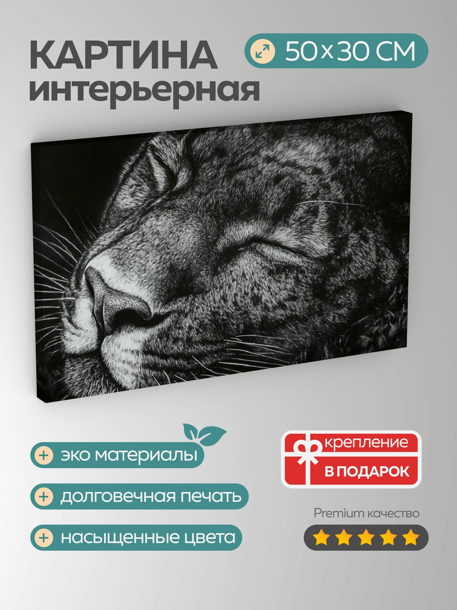 Картина на холсте интерьерная 50х30 см, пантера, уголь, рисунок, глаза, сон, растушевка, мех, спокойствие, текстура