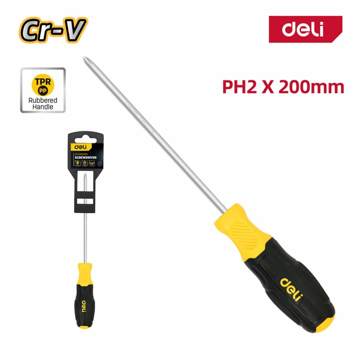 Крестовая отвертка PH2x200мм Deli DL636200N сталь Cr-V, двухкомпонентная прорезиненная рукоять