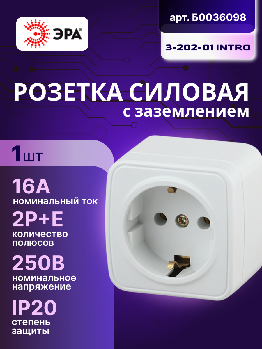 Розетка однофазная наружная (открытой установки) с заземлением без шторок 16А 250В IP20 винтовые зажимы 3-202-01 Intro Polo Эра Б0036098