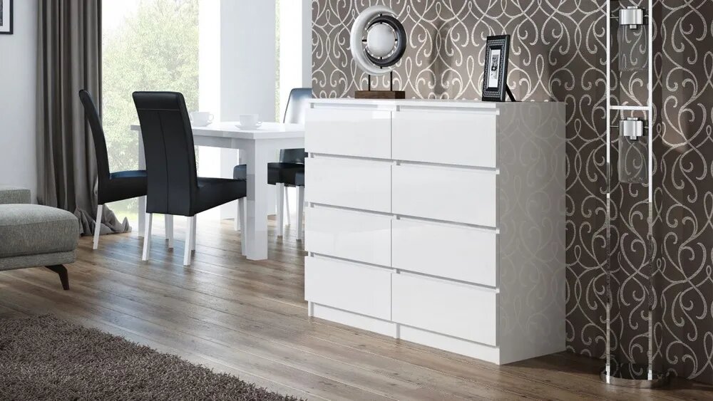 Комод "Челси" 8 ящиков, 1202х995х450 мм, (Белый/Белый глянец), МиФ