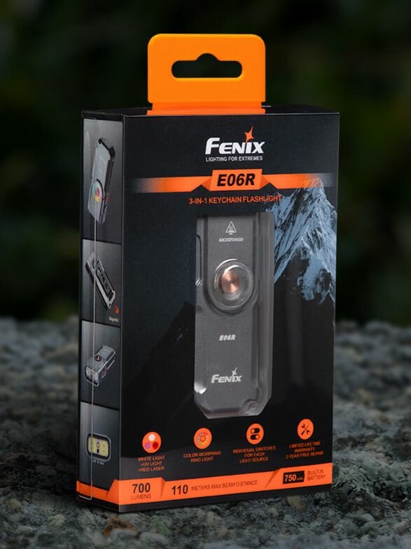Фонарь Fenix E06R серый (700 лм, УФ, Type-C) на каждый день, лазерная указка, магнит, ультрафиолет, RGB