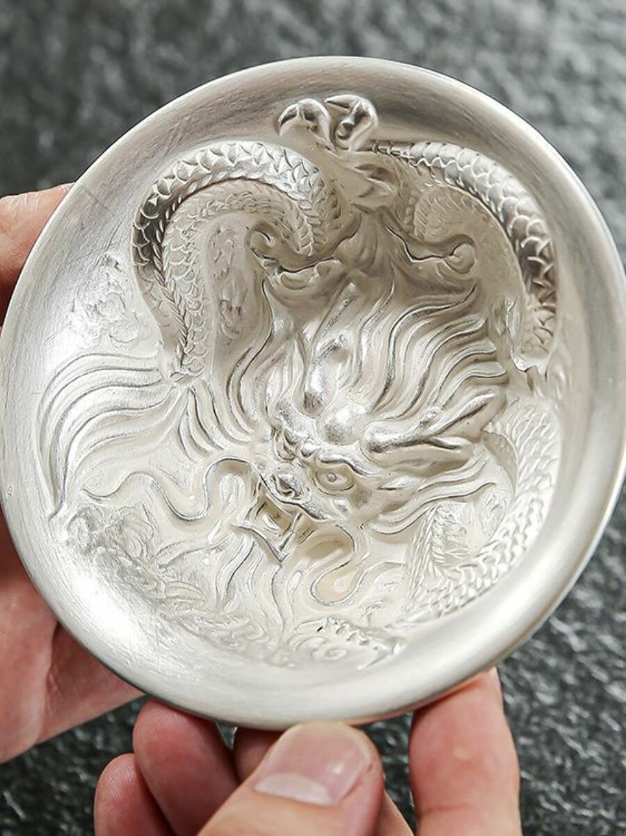 Пиалы для чая,"ZEZE", Китайский фарфор, ручная работа, Дракон, Настоящее серебро,90 мл