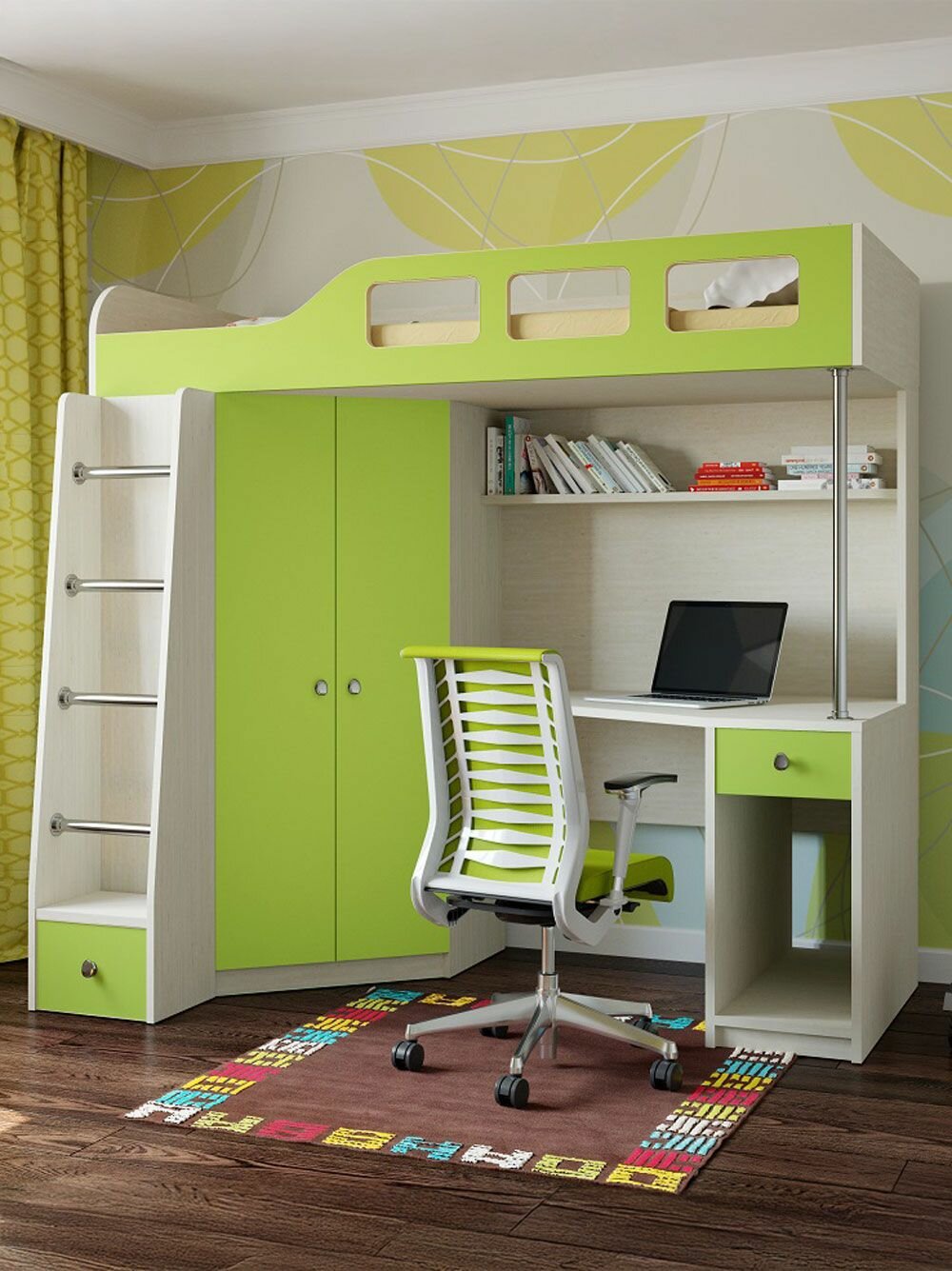 Кровать-чердак Астра-7 80х195 см, с основанием настил, со шкафом, со столом, с полками, с ящиком, Дуб Молочный Салатовый