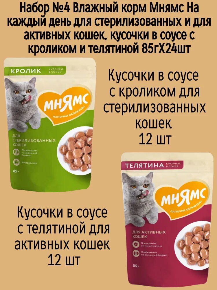 Набор №4 Влажный корм Мнямс для стерилизованных кошек, кусочки в соусе с кроликом и телятиной, 24 шт х 85 гр
