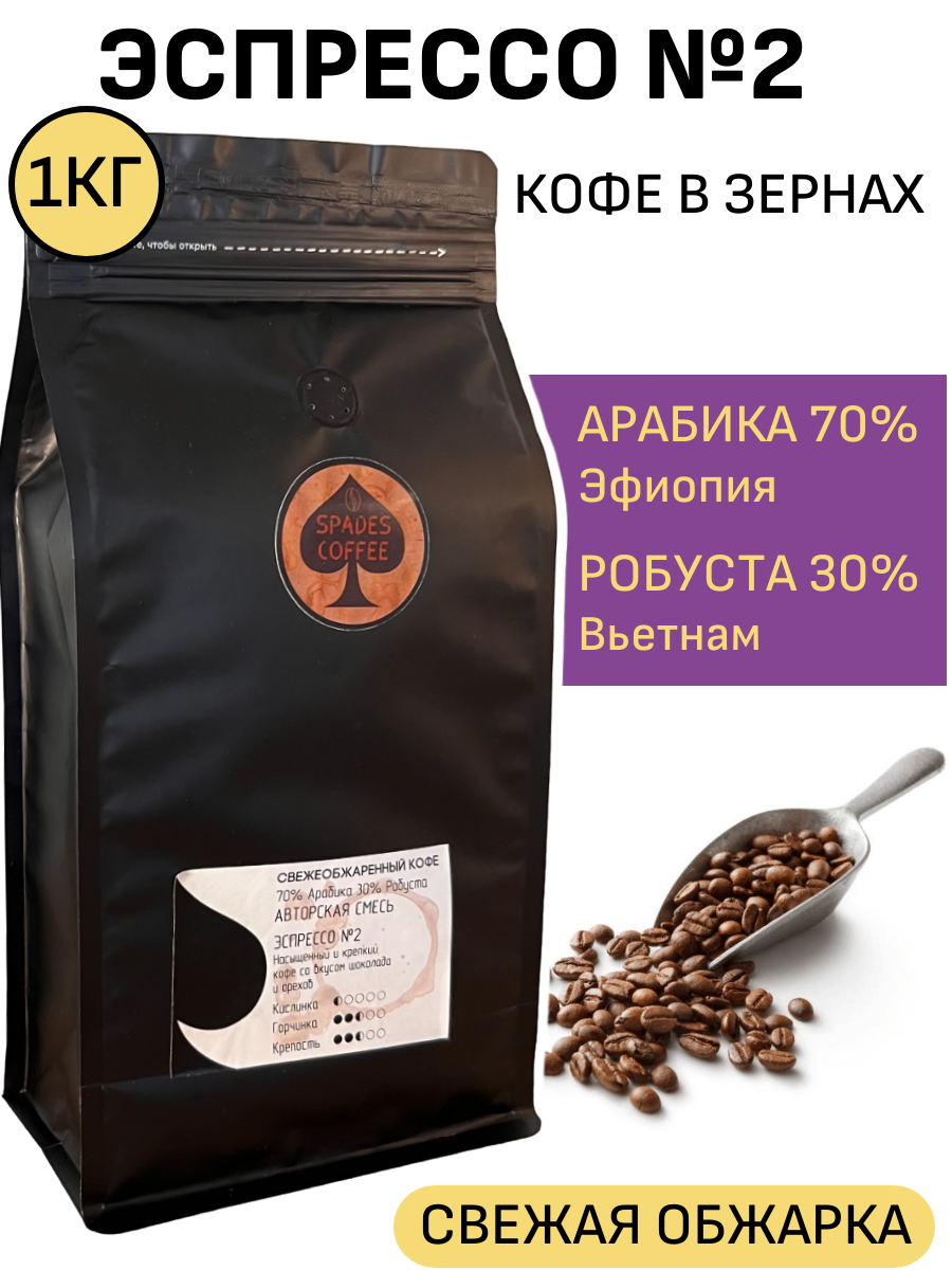 Кофе в зернах Эспрессо №2 , смесь арабика/робуста, свежеобжаренный, 1кг, Spades-Coffee