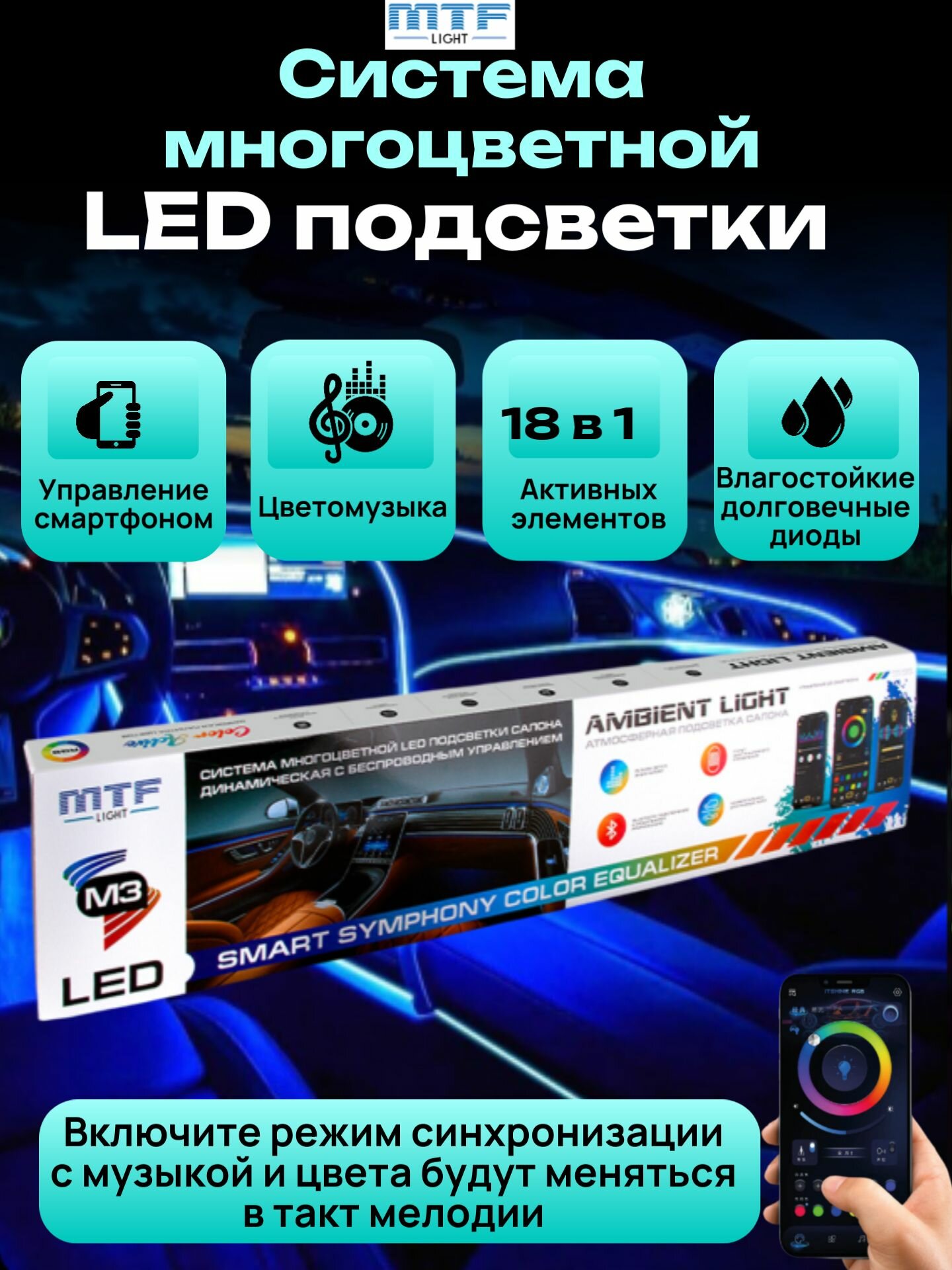 Светодиодная подсветка салона MTF Light серия Ambient Light SMART SYMPHONY M3, 18 элем. (темные ленты)