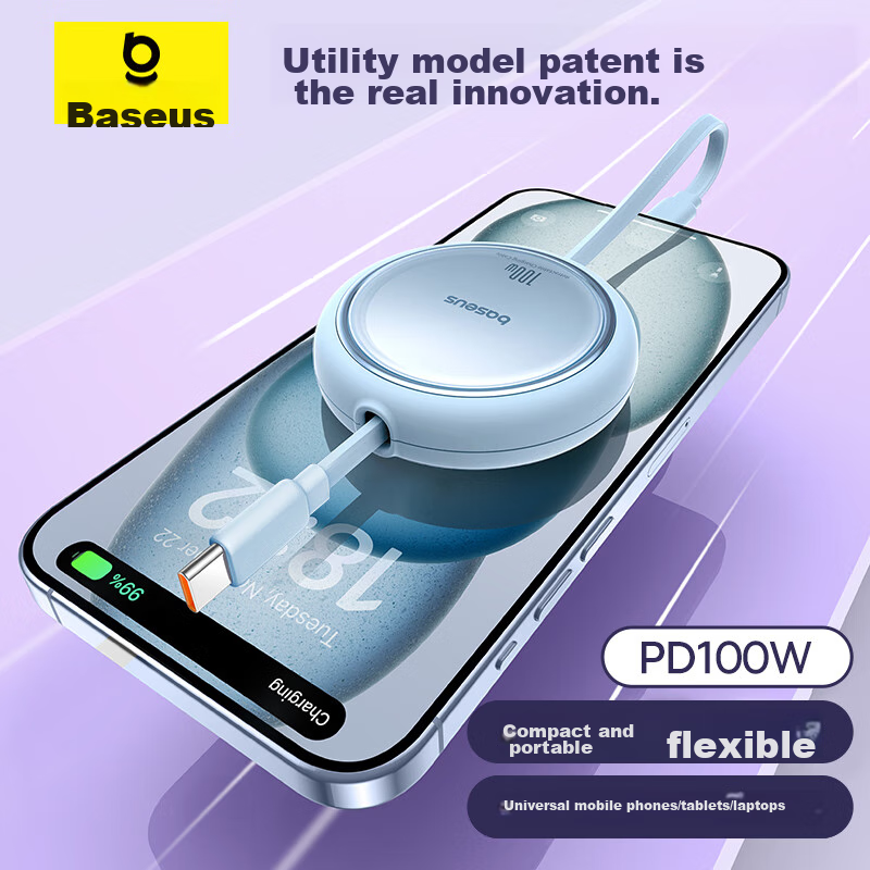 Baseus Dual-Head Type-C Data Cable, PD100W Retractable Charging Cable, Ctoc Car Fast Charging, Suitable for Apple IPhone 15/16, IPad, Macbook, Huawei Laptops, 1m Blue