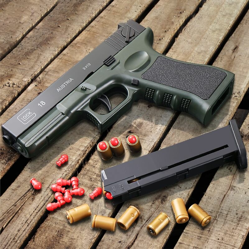 Имитационный игрушечный пистолет Глок с автоматическим затвором, стрельбой очередями и выбрасыванием гильз (в комплекте с фонариком, инфракрасным лазерным целеуказателем и кобурой)