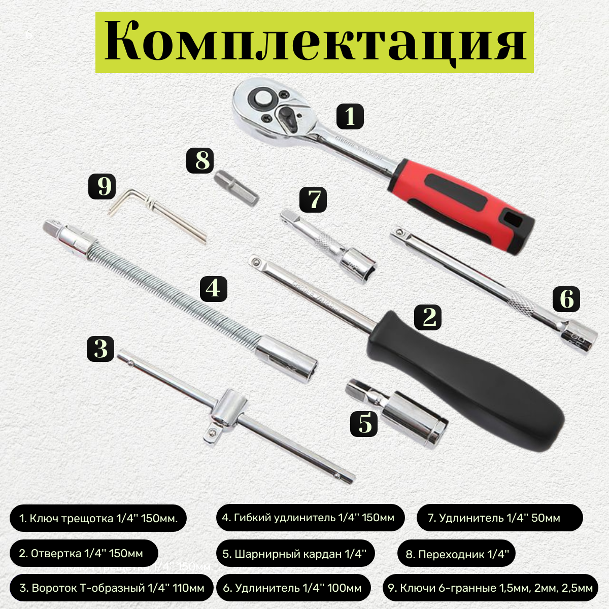 Набор инструментов для ремонта, биты, торцевые головки и трещоточный ключ 1/4" (46 предметов в кейсе)