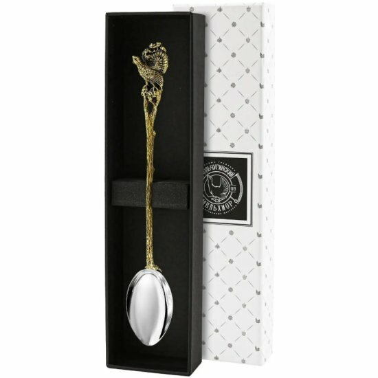 Кофейная ложка Кольчугинский Мельхиор "Глухарь" с посеребренным яблочком, латунь (КМ1065ЛЖ01)