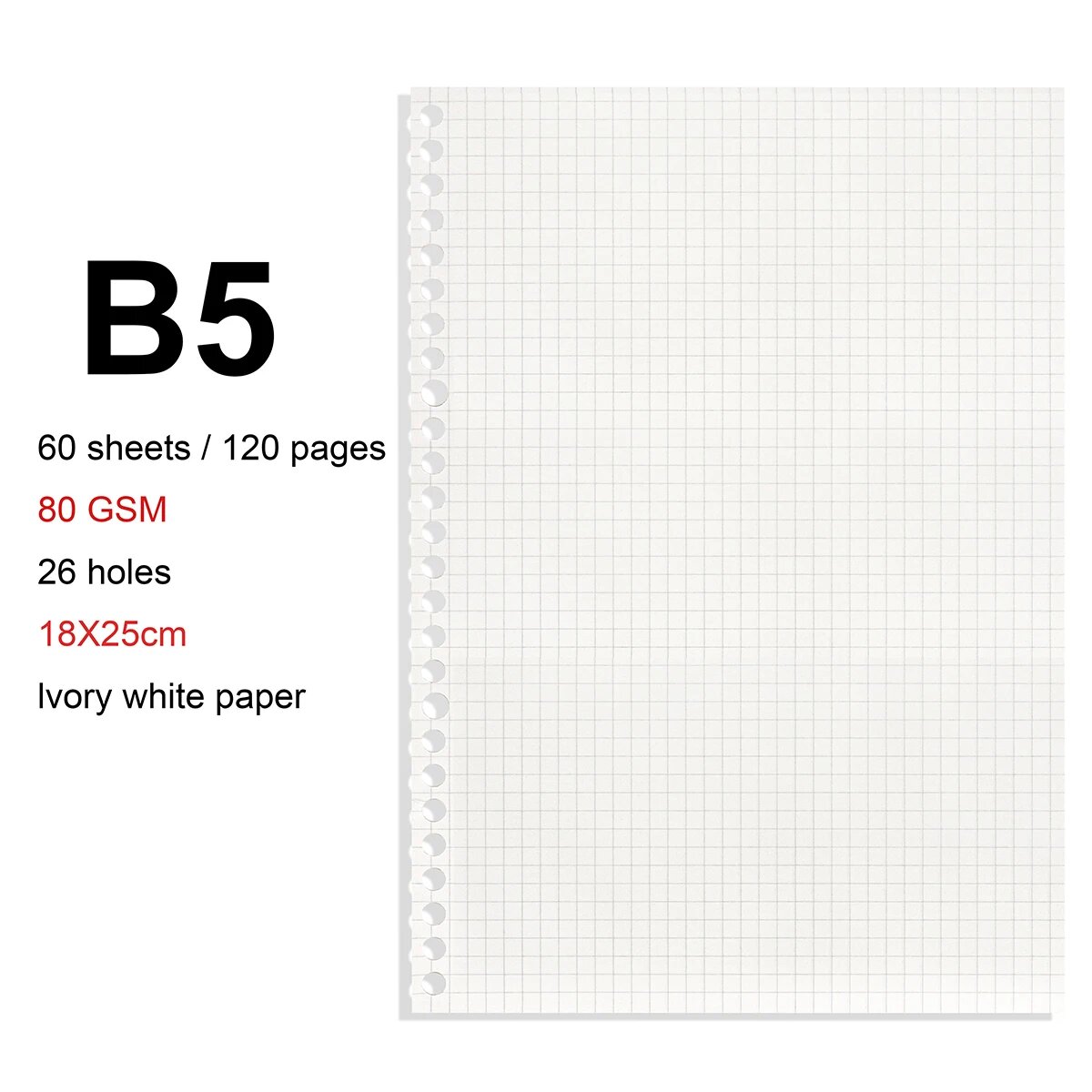 Блокнот B5 в клетку, 60 листов, 80 GSM, 18x25 см