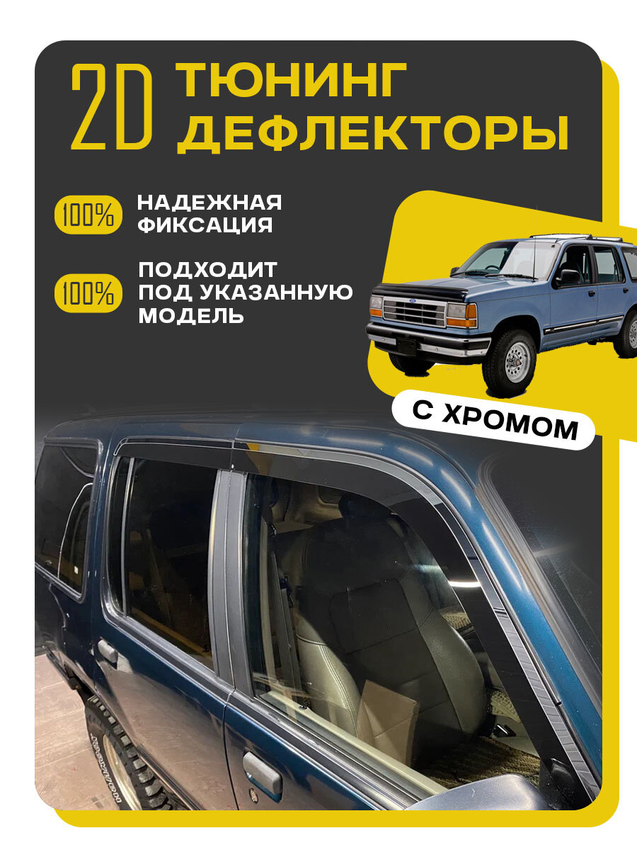 Плоские тюнинг дефлекторы c хромом для Ford Explorer 1 (90-94) Ветровики на Форд Эксплорер 1 поколение. Комплект 4 шт.