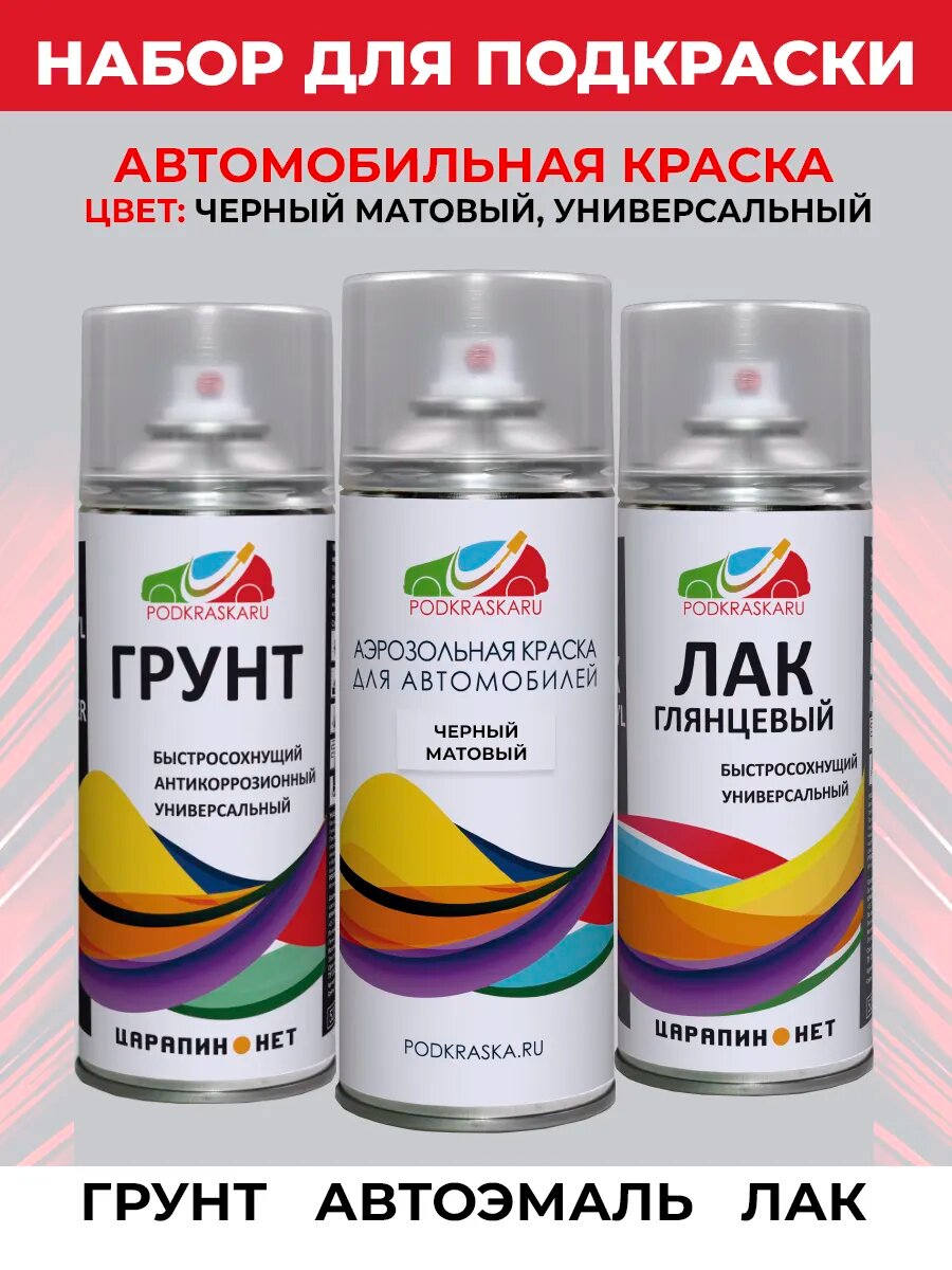 Ремкомплект для покраски кузова авто: грунтовка, автоэмаль, лак. Цвет: черный матовый
