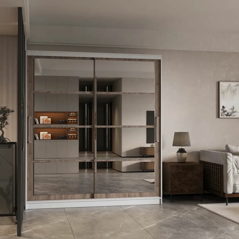 Шкаф-купе Гранд 1 2.0м Зеркало 2шт Белый/Дуб горный