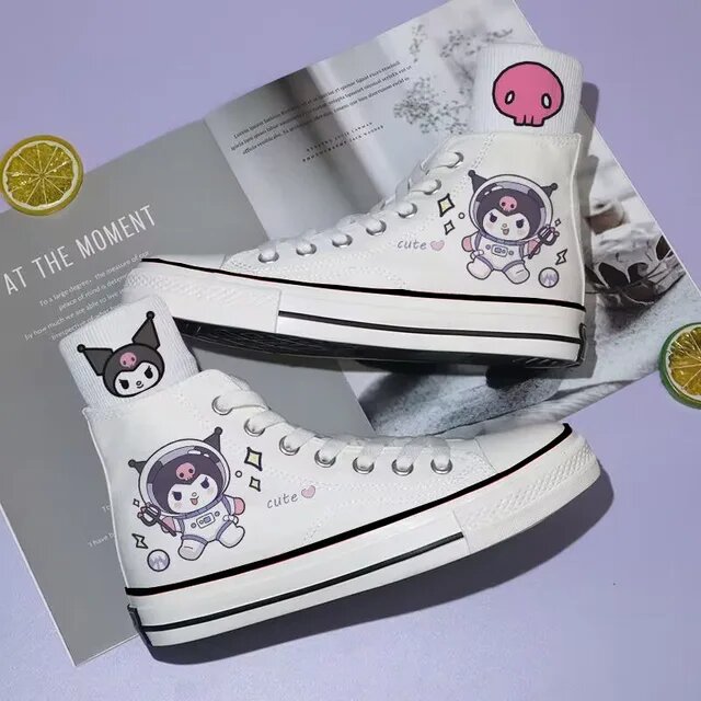 Кроссовки Sanrio Kawaii Kuromi Canvas Shoes с рисунком из аниме, милые, модные, изысканные, универсальные, для отдыха, для студентов и девушек, чёрные, высокие кроссовки