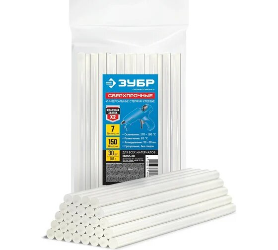 Прозрачные сверхпрочные клеевые стержни ЗУБР Профессионал 30 шт, 7x150 мм 06855-30