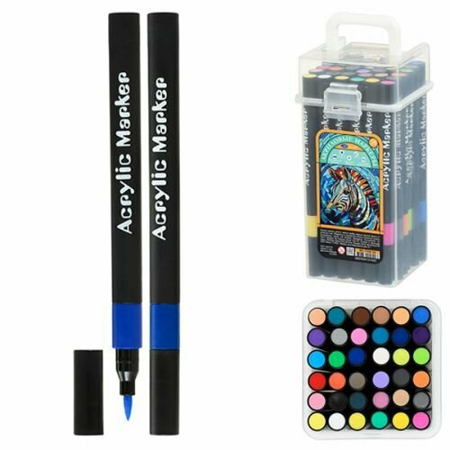 Набор маркеров Basir акриловых 36 цветов на водной основе "Зебра", 1-5 мм, с мягкой кистью, для любых поверхностей