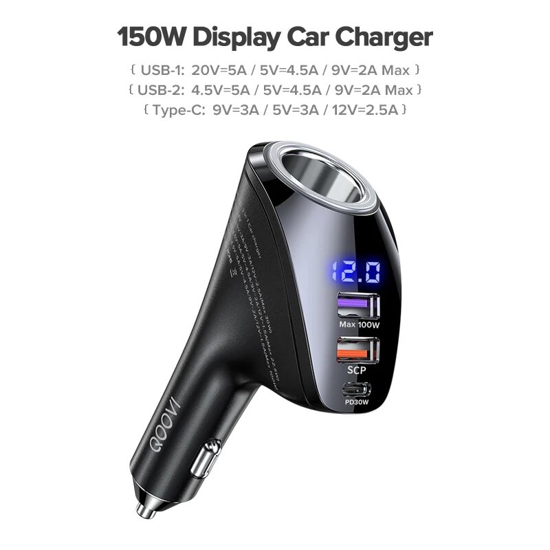 Автомобильное Зарядное Устройство QOOVI 150W С 4 Портами USB Type-C, Сверхбыстрая Зарядка PD 4.0 Для iPhone, Xiaomi, Samsung