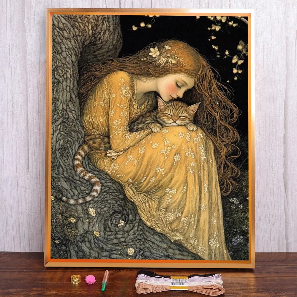 Набор для вышивки крестом 30x40см, 14CT Cotton Thread, Девушка и кошка