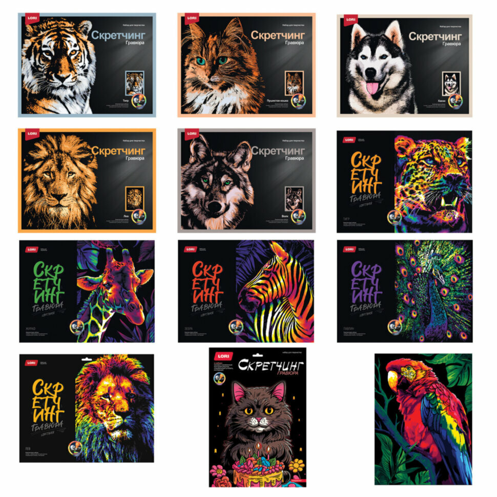 Гравюра в технике Скретчинг "Животные" ассорти, цветная основа 30х40 см, штихель, LORI, 001, 12 штук, 665276