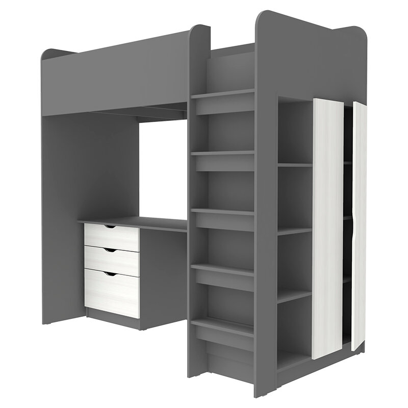 Кровать-чердак Polini Simple с письменным столом и шкафом Темно-серый Белое Дерево