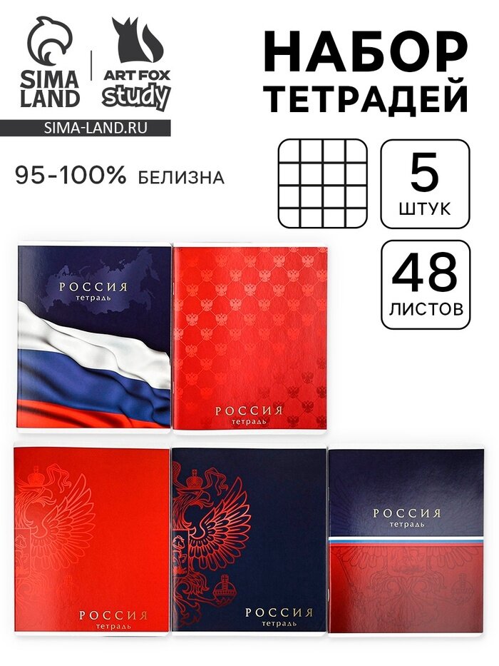 Тетради в клетку, 48 л, набор из 5 шт, блок №1 Россия