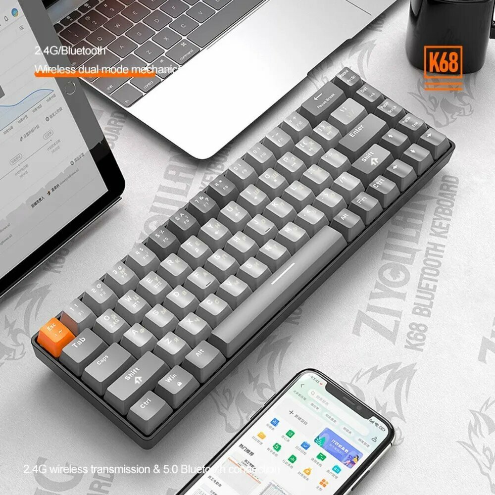 Клавиатура для компьютера Wolf K68 механическая беспроводная игровая Bluetooth + USB 2.4G + Hot-Swap для ноутбука планшета телефона смартфона пк айпада телевизора блютуз usb TCL 60% мини механика компактная Русская/английская раскладка