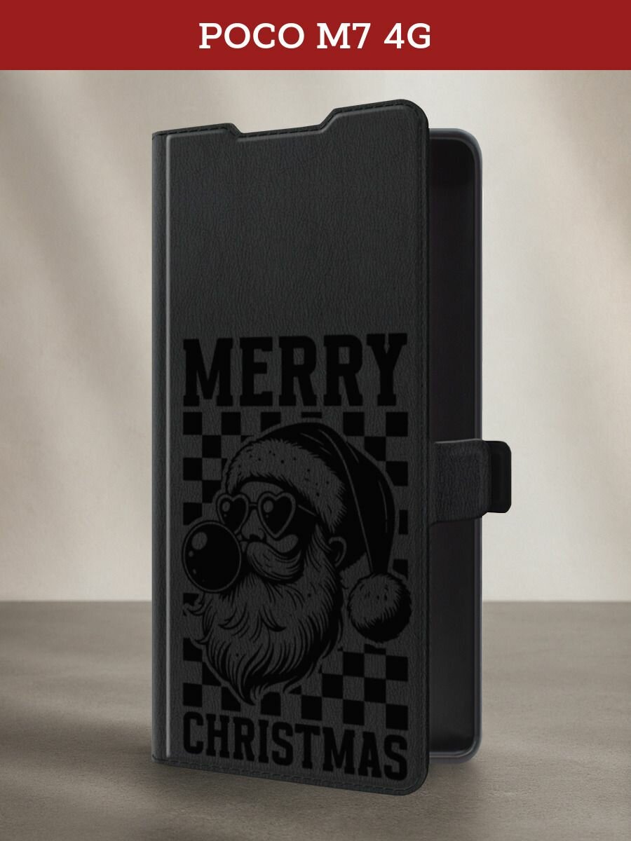 Чехол-книжка на Poco M7 4G / Поко М7 4G с принтом Крутой санта, черный