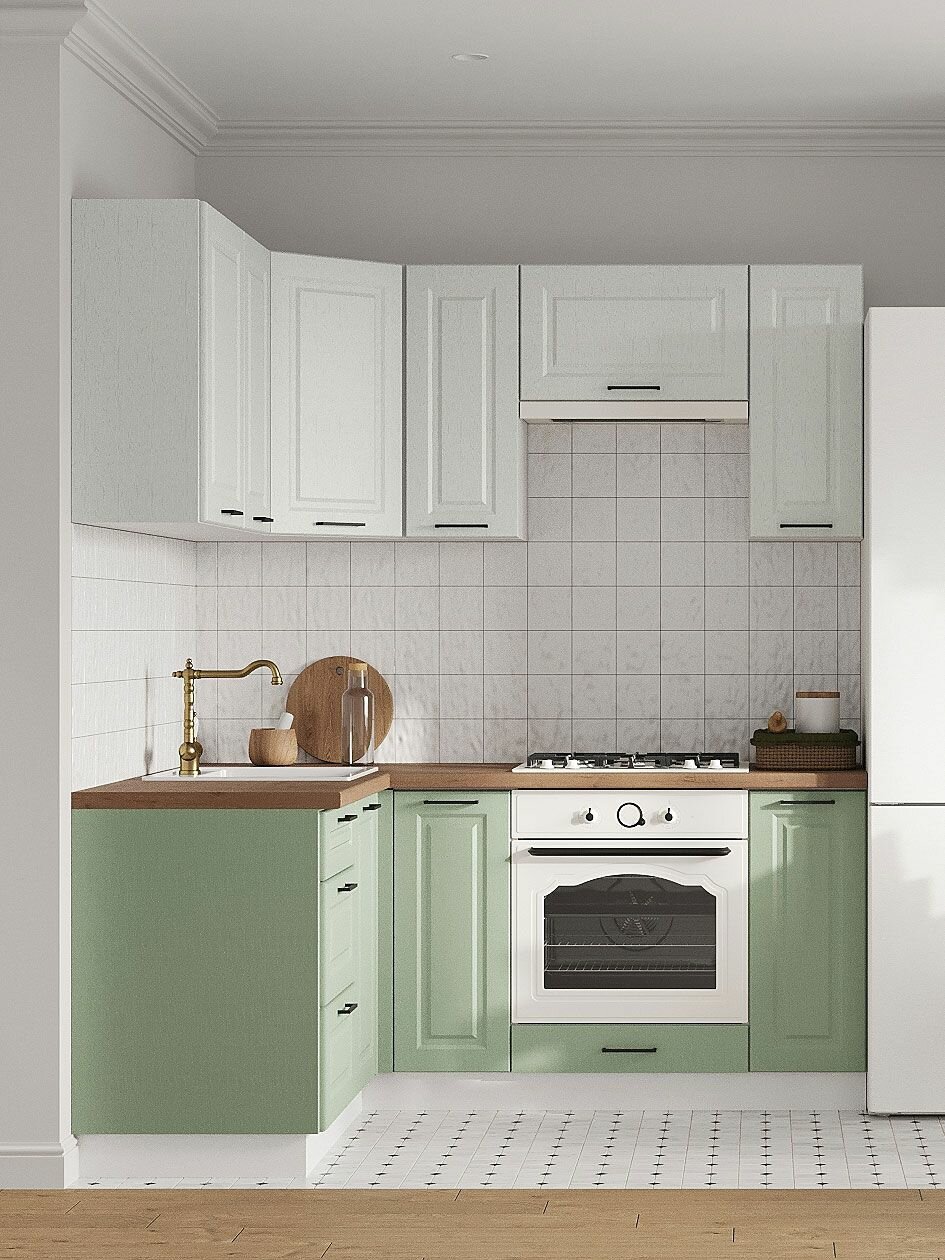 Кухонный гарнитур угловой Шервуд 1.8х1.5 м, мебель для дома и кухни, Белый / Арктик / Шато мята