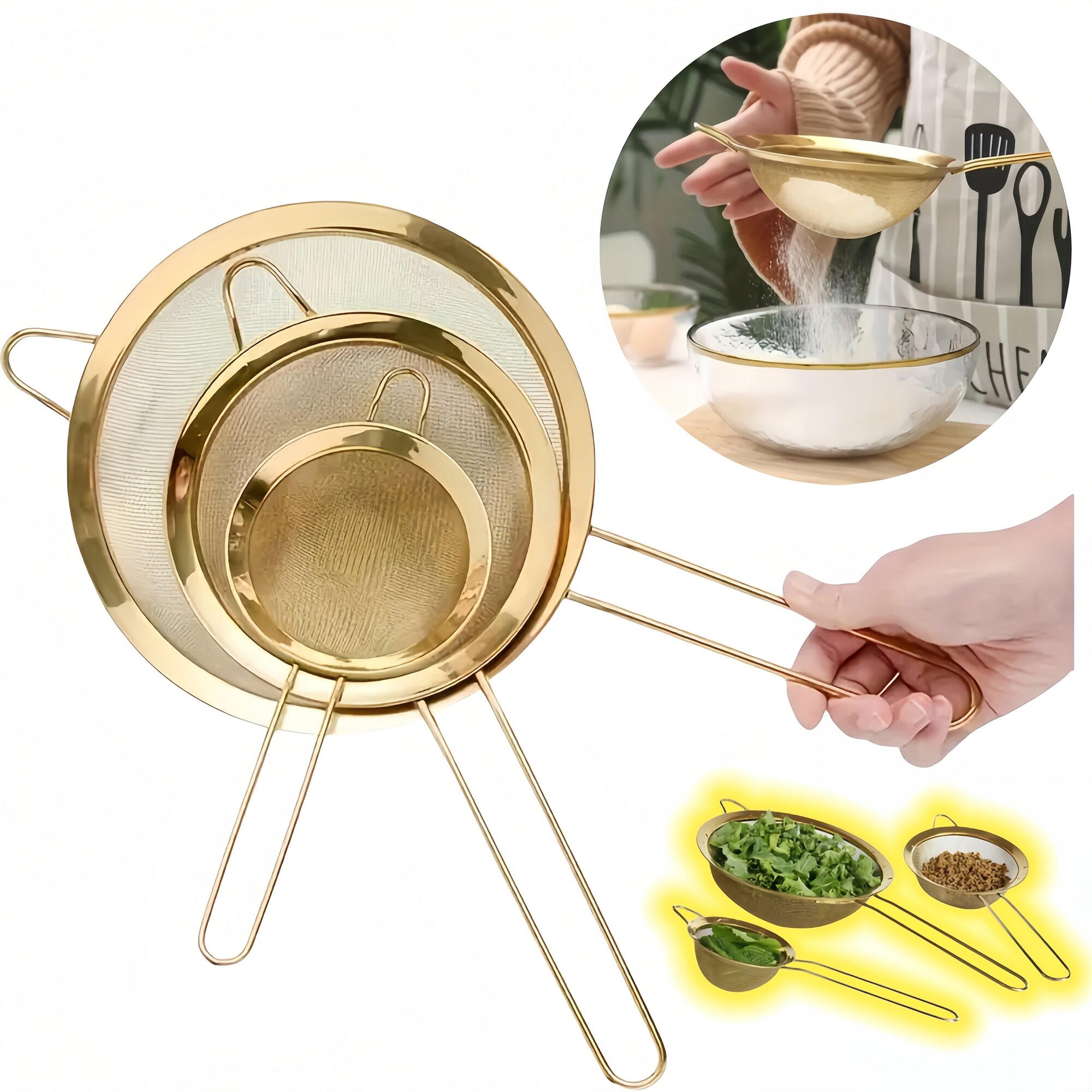 Набор из 3 шт. золотистых нержавеющих стальных ситечек, Диаметр рамы 10 см / 15 см / 20 см