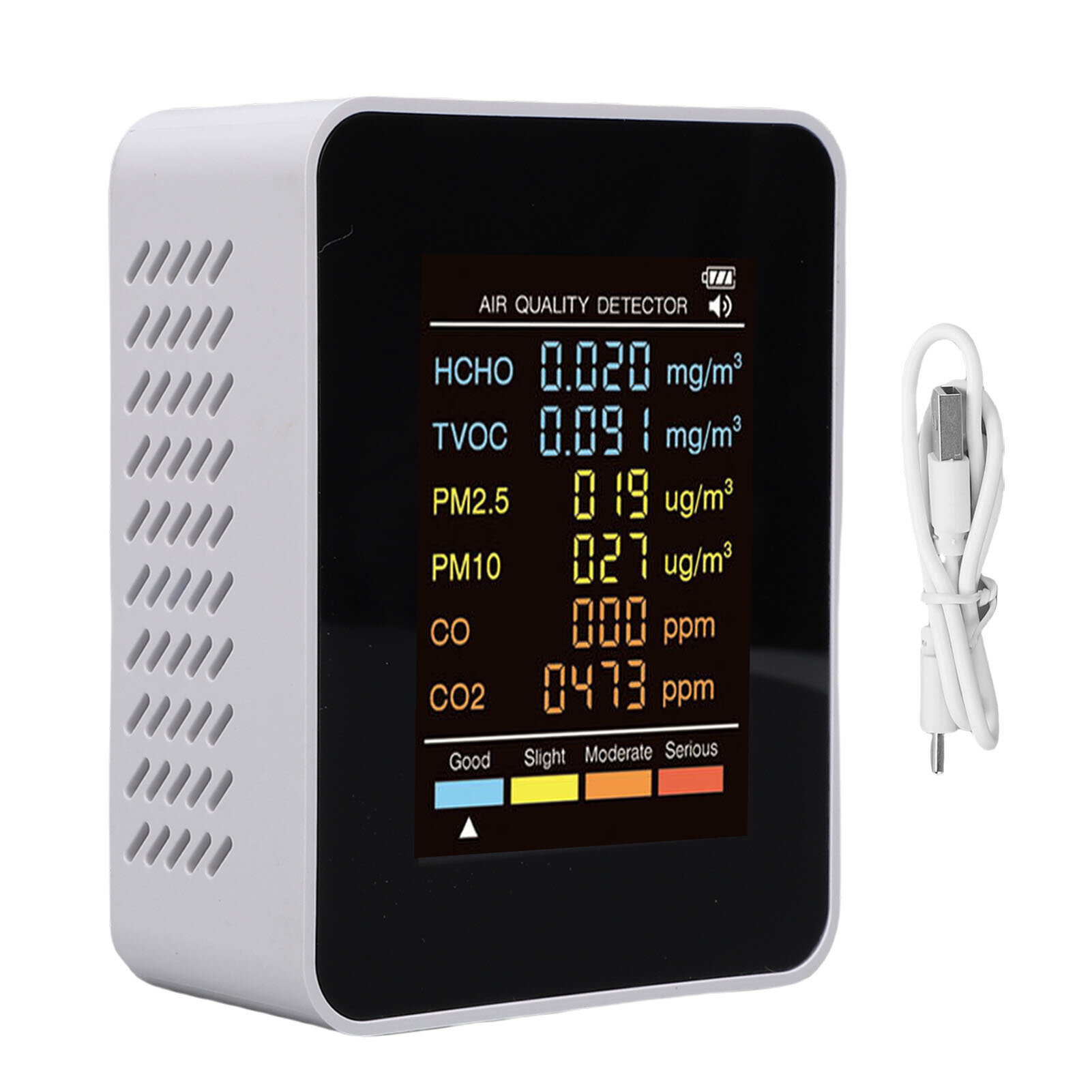 6 in 1 Air Quality Monitor, 2.8" Color Screen Indoor PM2.5 PM10 HCHO TVOC CO CO2 Detector, Multifunctional Air Pollution Tester for Home Office Hotel MT07CO White