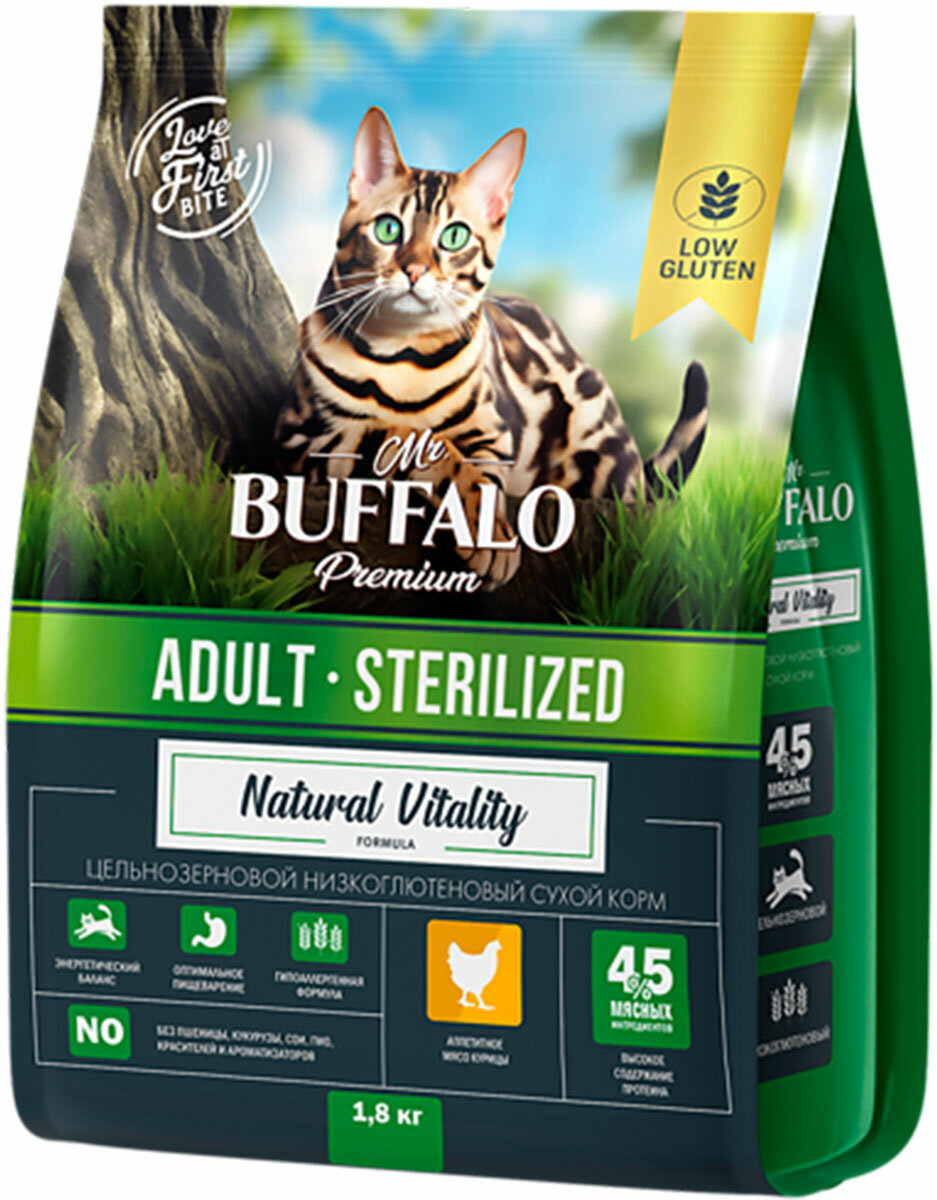 MR.BUFFALO ADULT STERILIZED для взрослых кастрированных котов и стерилизованных кошек с курицей (1,8 кг)