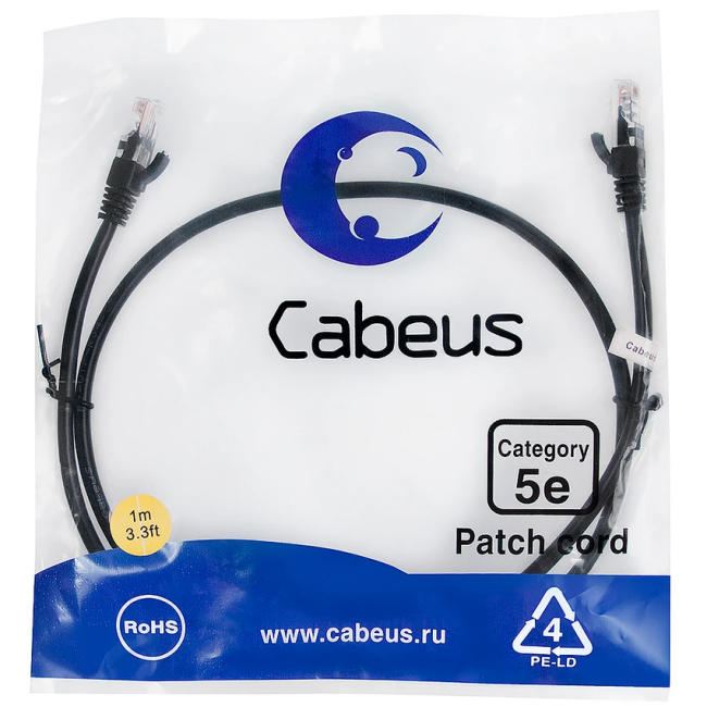PC-UTP-RJ45-Cat.5e-1m-BK-LSZH Кабель патч-корд U/UTP 5e кат. 1м. Cabeus неэкранированный, черный