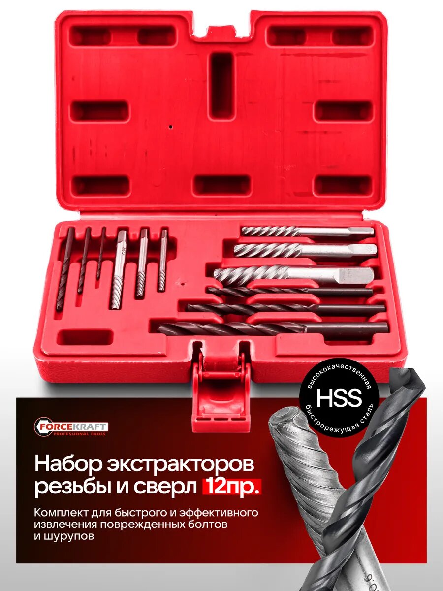 Набор сверл и экстракторов для болтов М3-М24,12 предметов