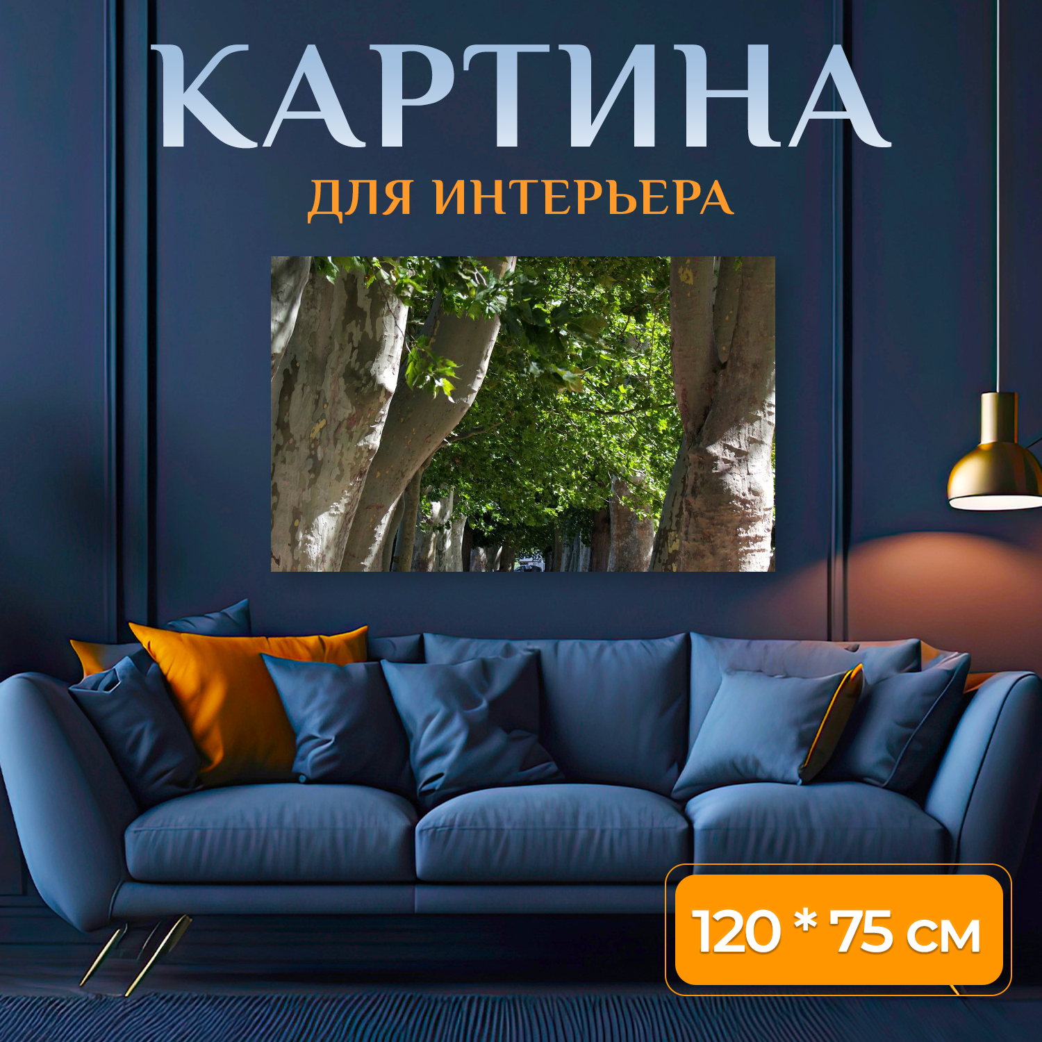 Картина на холсте "Дорога, деревья, платан" на подрамнике 120х75 см. для интерьера