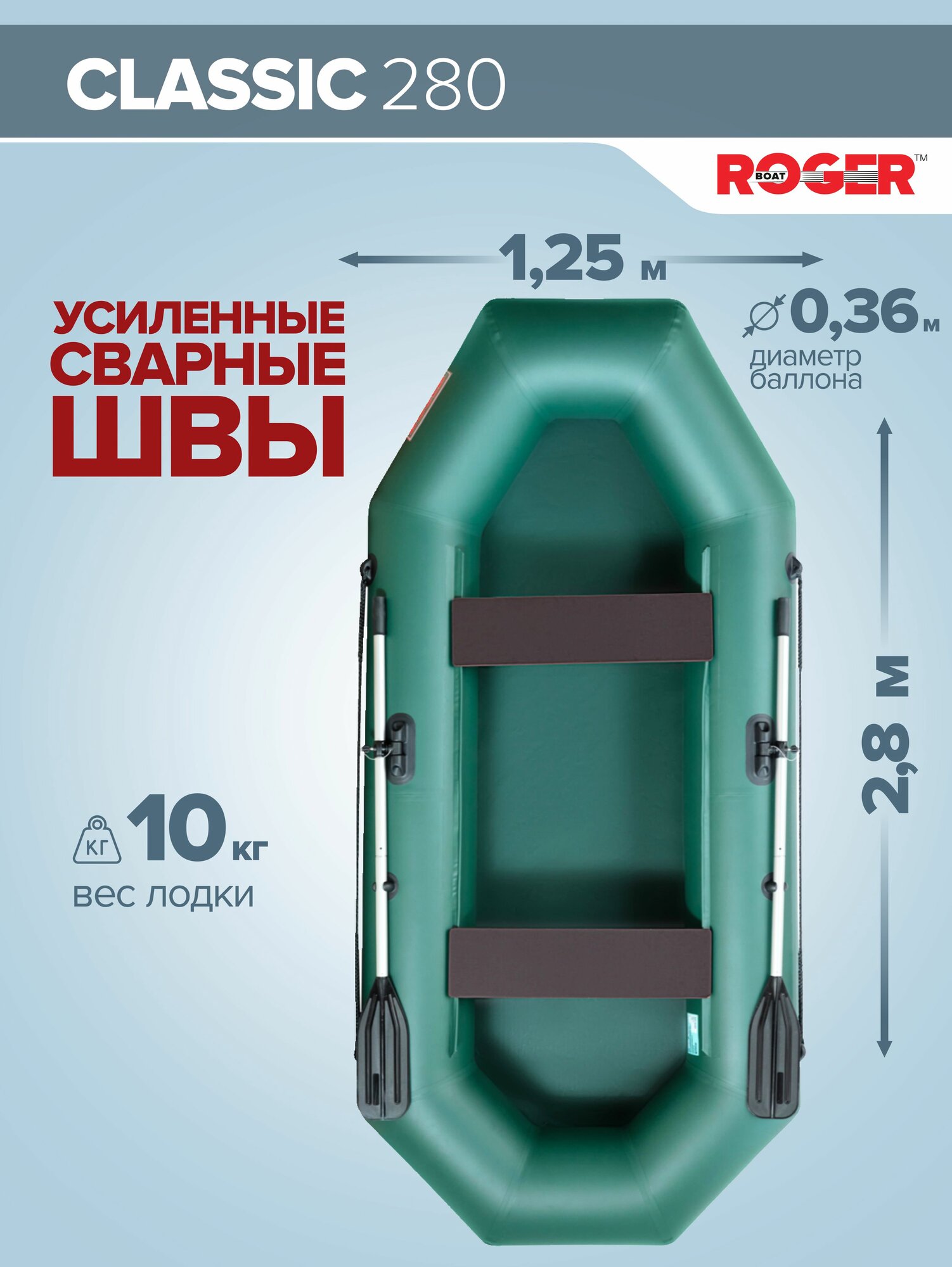 Лодка надувная для рыбалки ПВХ ROGER Classic 280, гребная (зеленый)