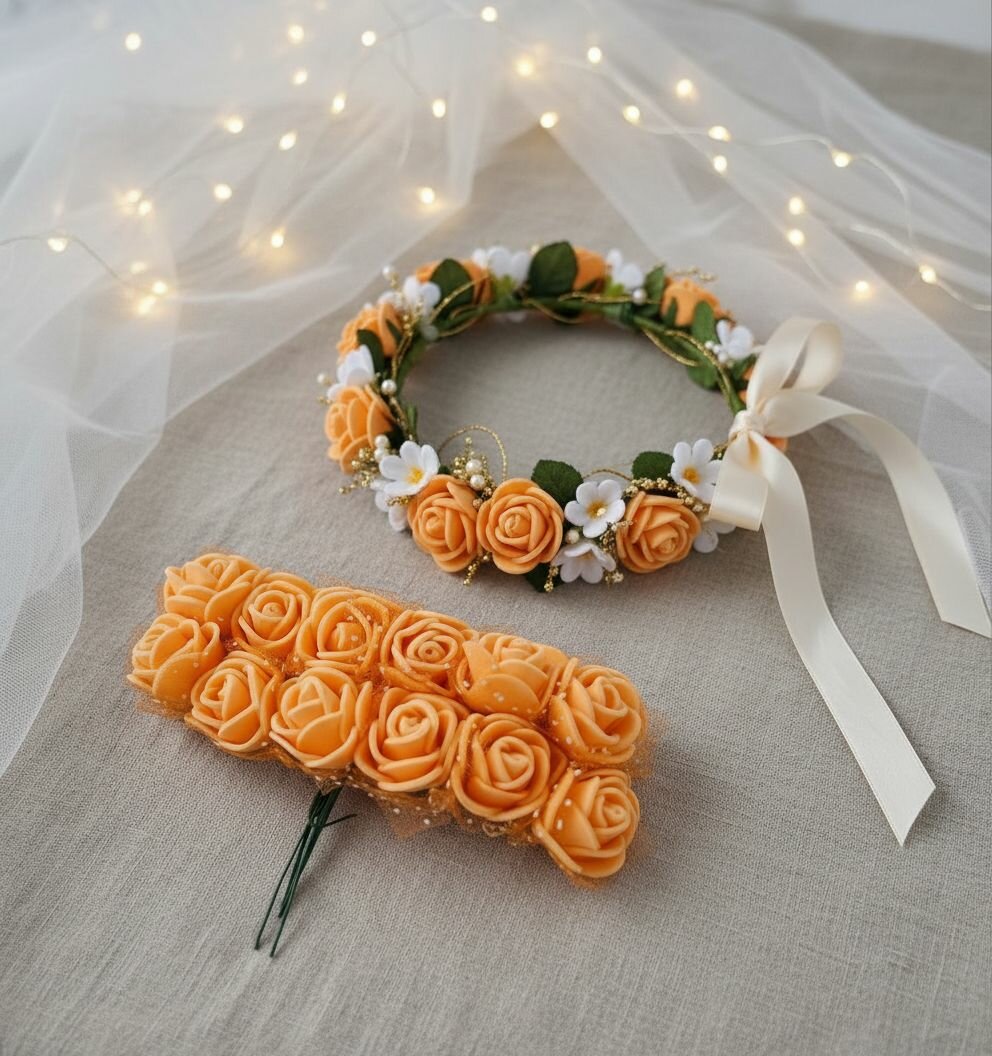 Цветы из фоамирана 2 см, оранжевые, на металлической ножке, упаковка 12 штук