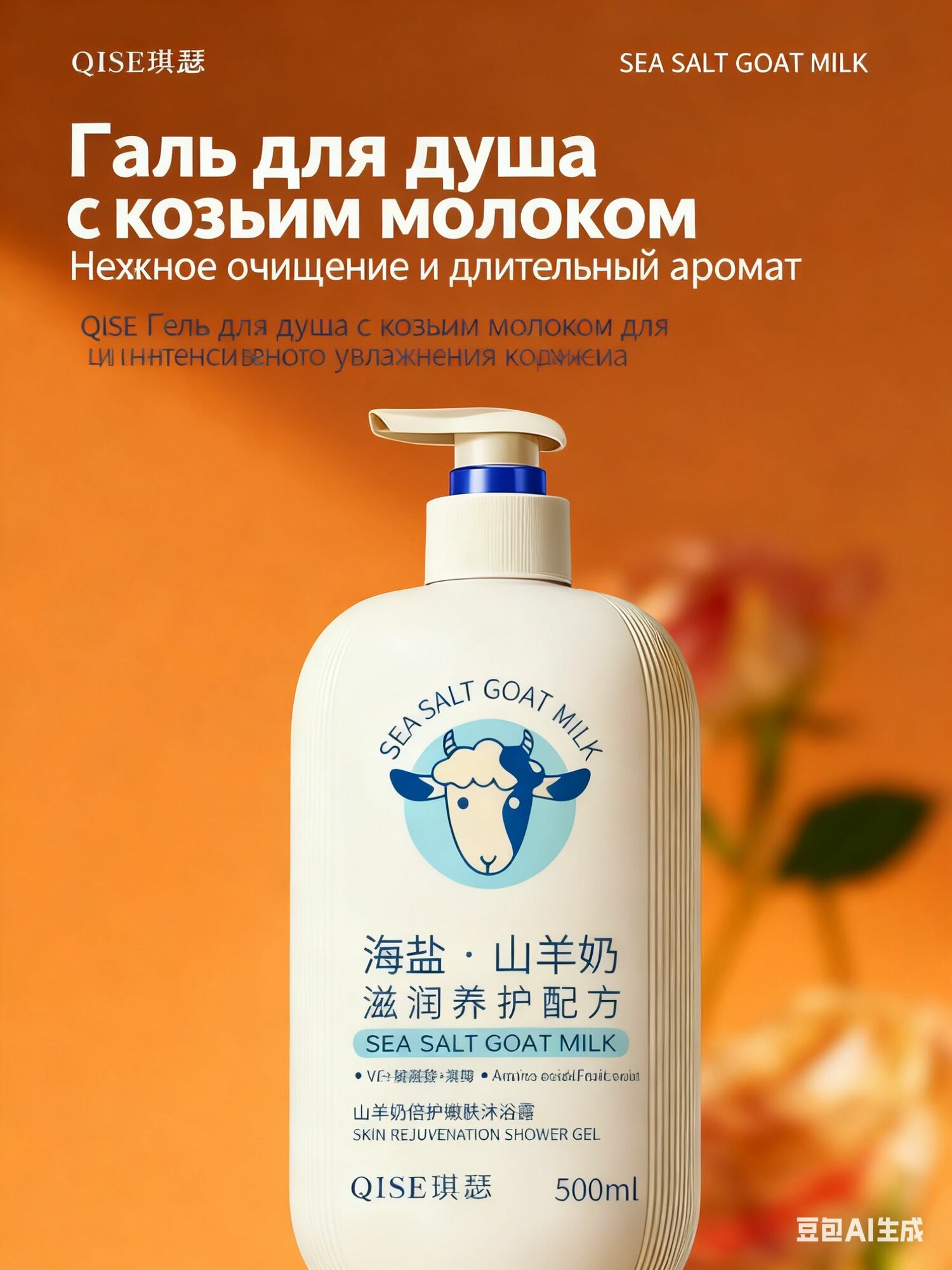 Гель для душа с козьим молоком 500 мл, увлажняющий и нежный, для чувствительной и сухой кожи, натуральный состав