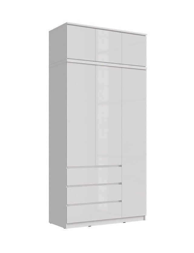 Шкаф трехстворчатый с антресолью распашной 3 ящика 5 полок 1 штанга, Челси, 120.2х248х51.4 см, Белый / Белый глянец